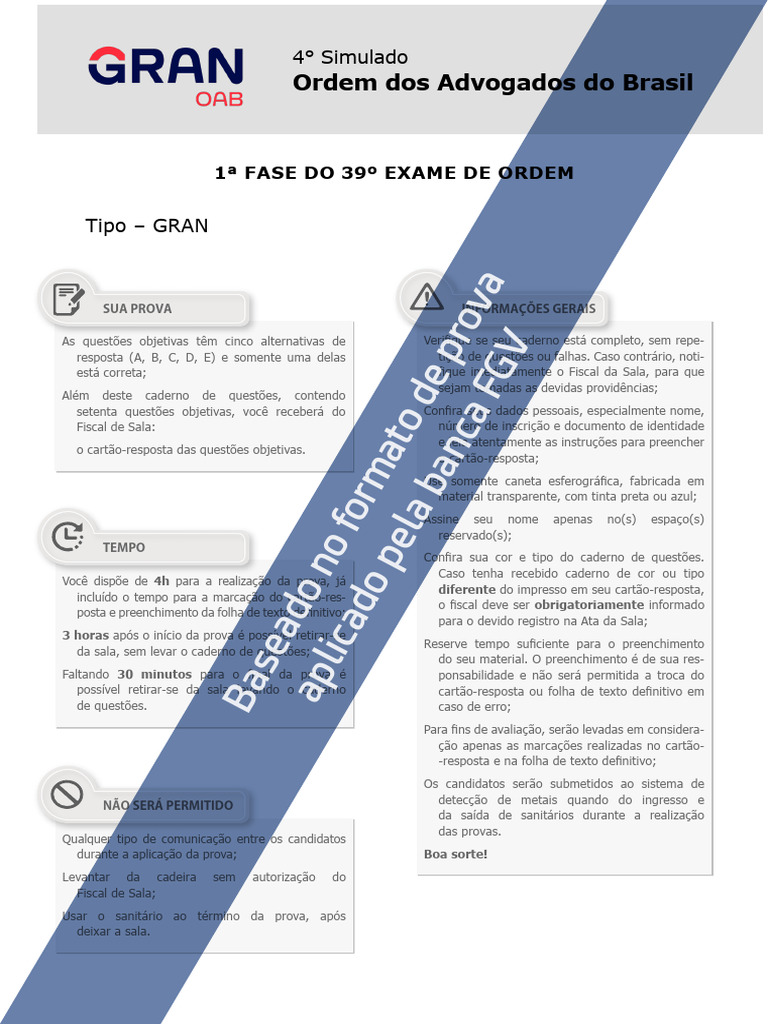 4 Simulado Oab 1 Fase Do Exame 39 Cod 20102023739 Folha de Respostas ...