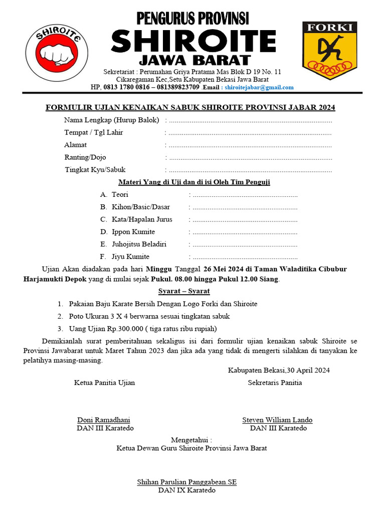 Formulir Ujian Kenaikan Sabuk Shiroite | PDF