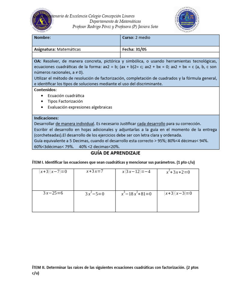 Guía Ec Cuadratica | PDF | Ecuaciones | Fórmula