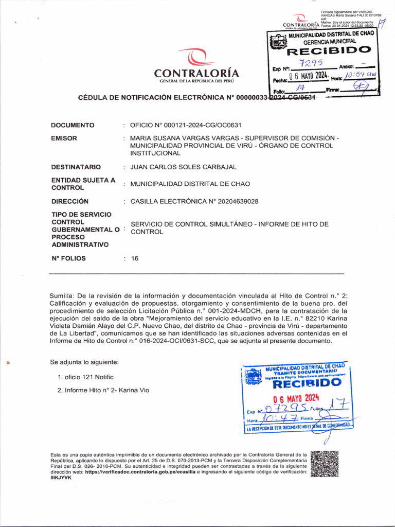 INFORME DE HITO DE CONTROL N° 016-2024-OCI-0631-SCC | PDF