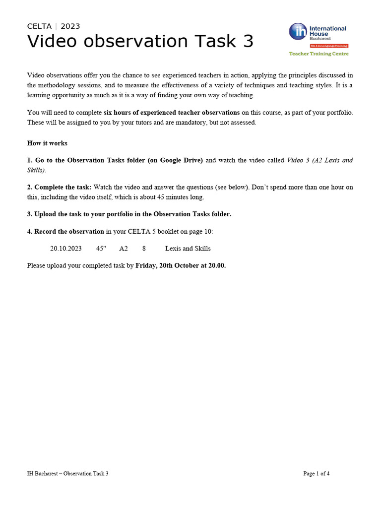 Adelina - Video Observation Task 3 (A2 Lexis and Skills) | PDF ...