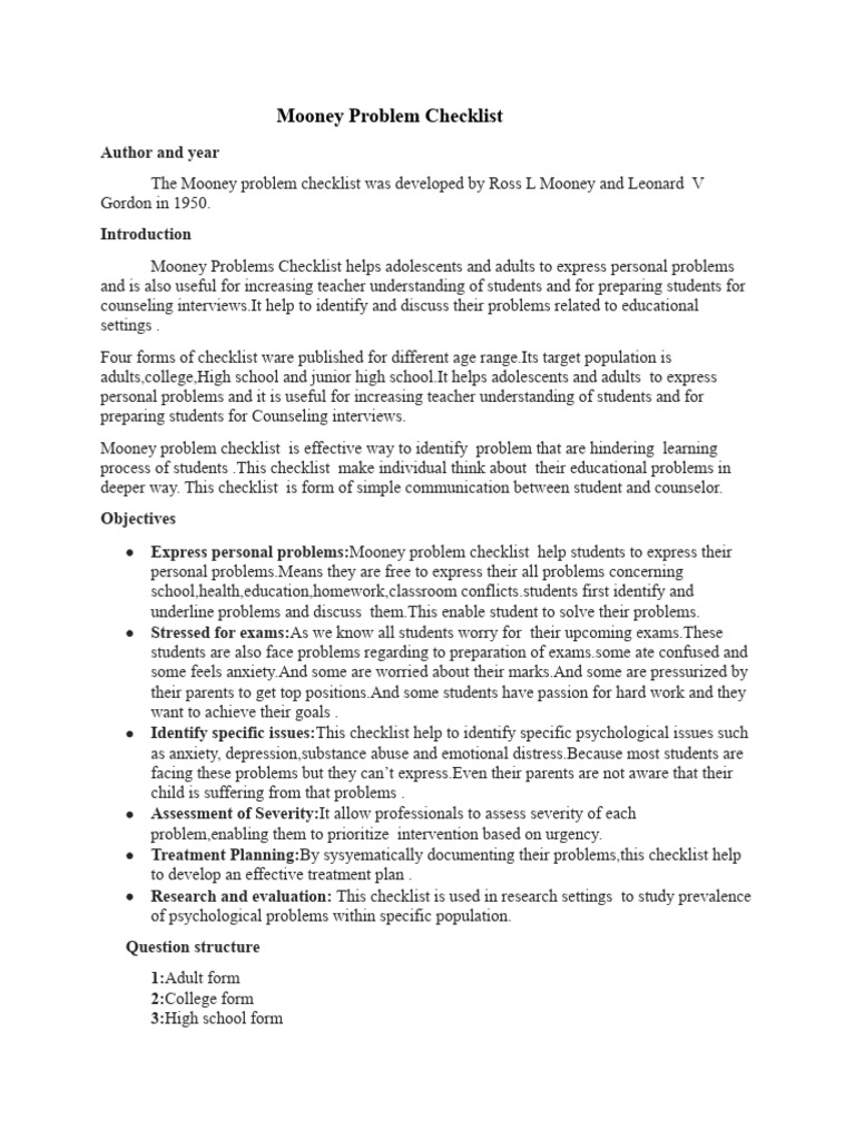 TEST. No 4 MOONEY Problem Checklist.... | PDF | Thought | Anxiety