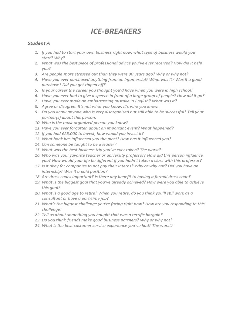 Business Speaking Course Ice-Breakers | PDF | Cognition