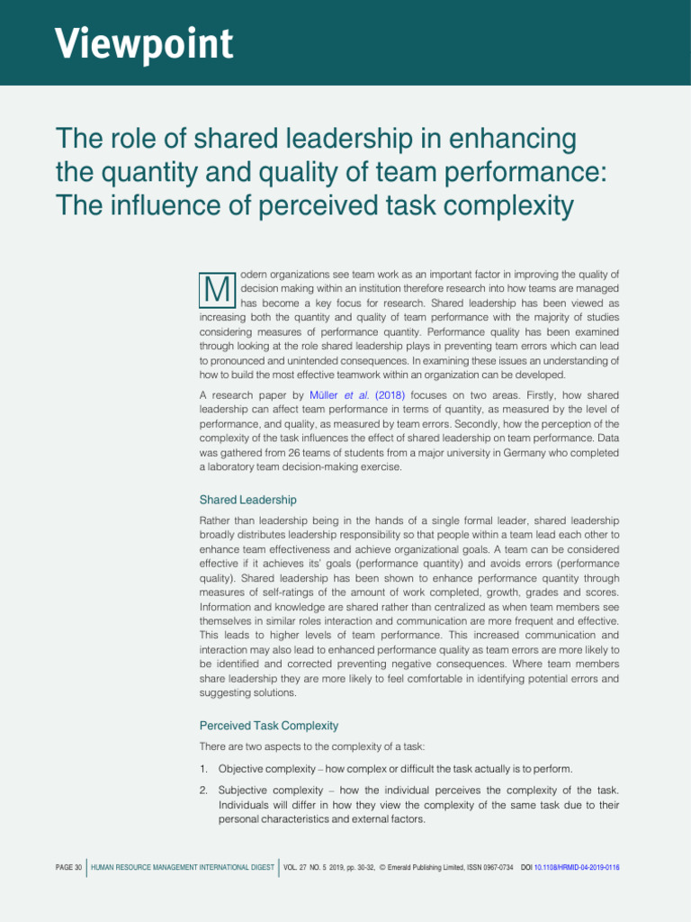 Shared Leadership's Impact on Team Performance | PDF | Leadership ...