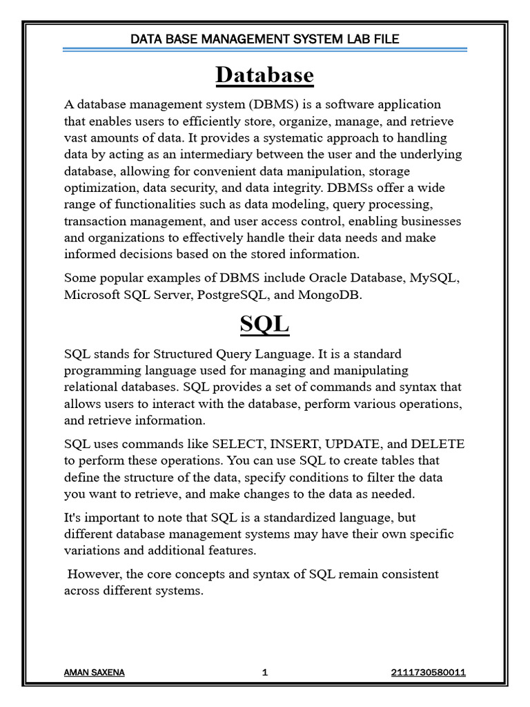 Database Management System Lab Guide | PDF | Databases | Sql