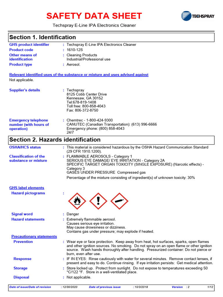 Techspray E-Line IPA Electronics Cleaner-2020 | PDF | Occupational Safety And Health | Safety