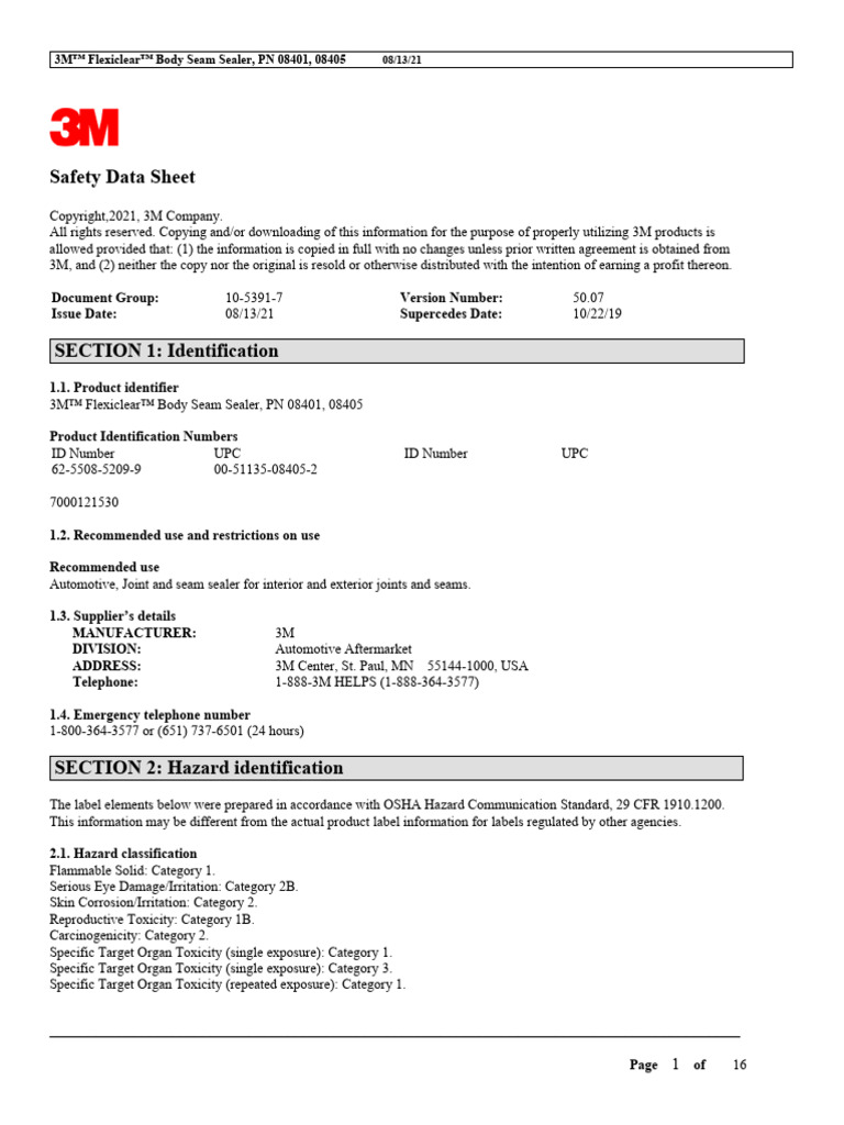 3M Flexiclear Body Seam Sealer, PN 08401, 08405-2021 | PDF | Toxicity