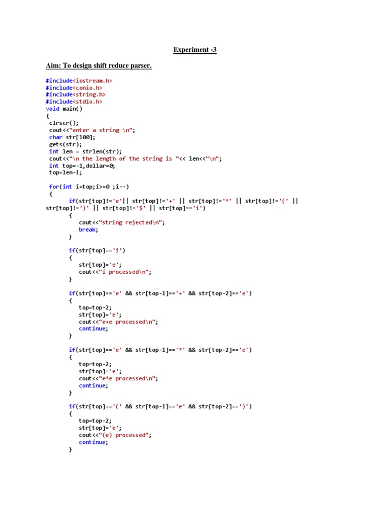 Experiment - 3 Aim: To Design Shift Reduce Parser.: #Include #Include #Include #Include Void | PDF