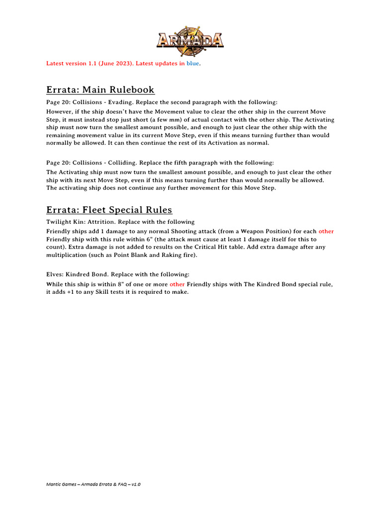 Armada FAQ Errata v1.1 | PDF | Naval Warfare