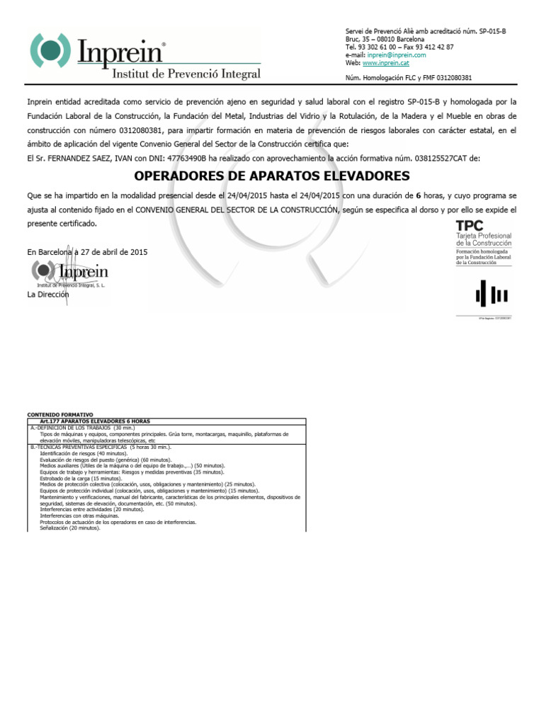 Certificado Operadores Aparatos Elevadores | PDF | Seguridad y salud ocupacional