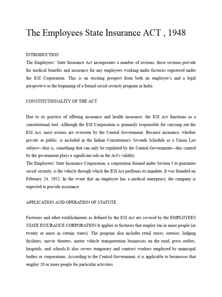 The Employees State Insurance ACT, 1948 | PDF | Welfare | Employment