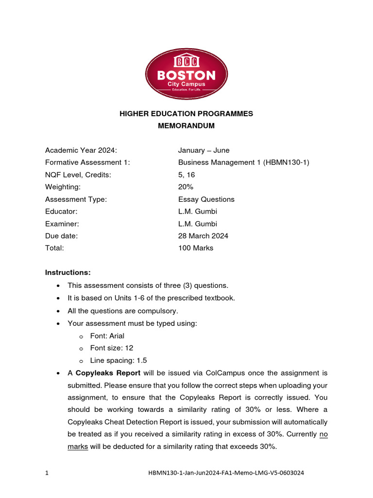 HBMN130-1 Formative Assessment Memo | PDF | Team Building | Customer