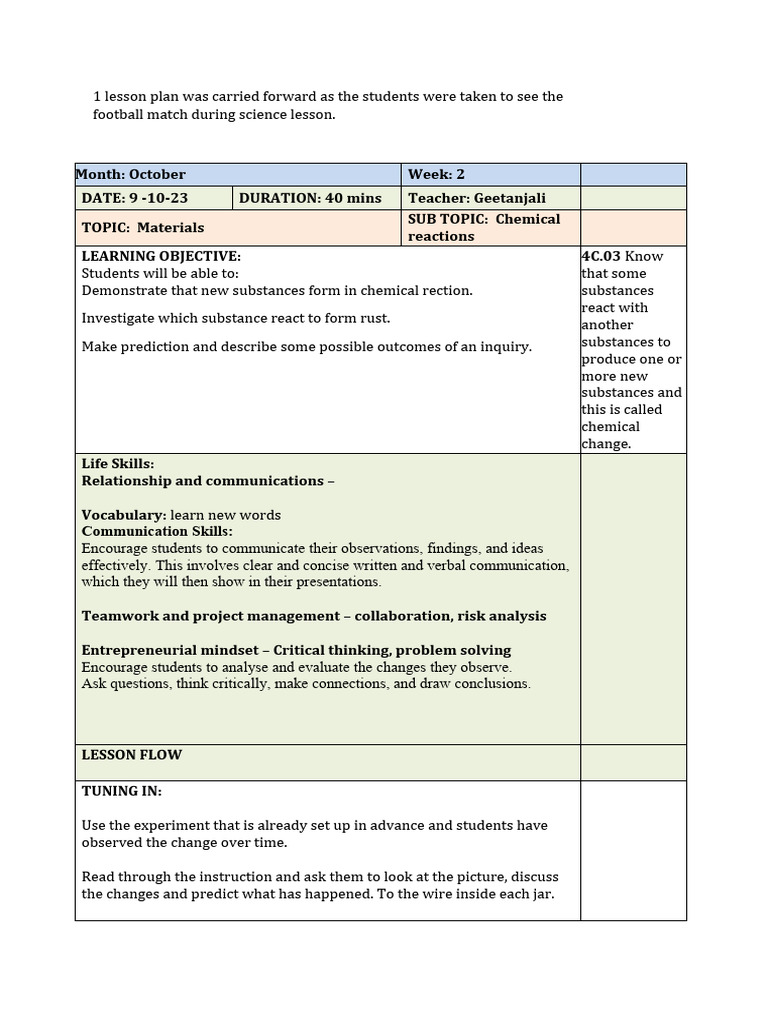 Chemical Reactions and Habitats Lesson Plan | PDF | Learning | Earth