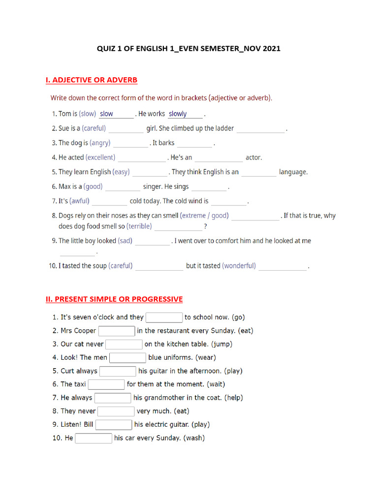 English 1 Quiz: Adjectives & Tenses | PDF