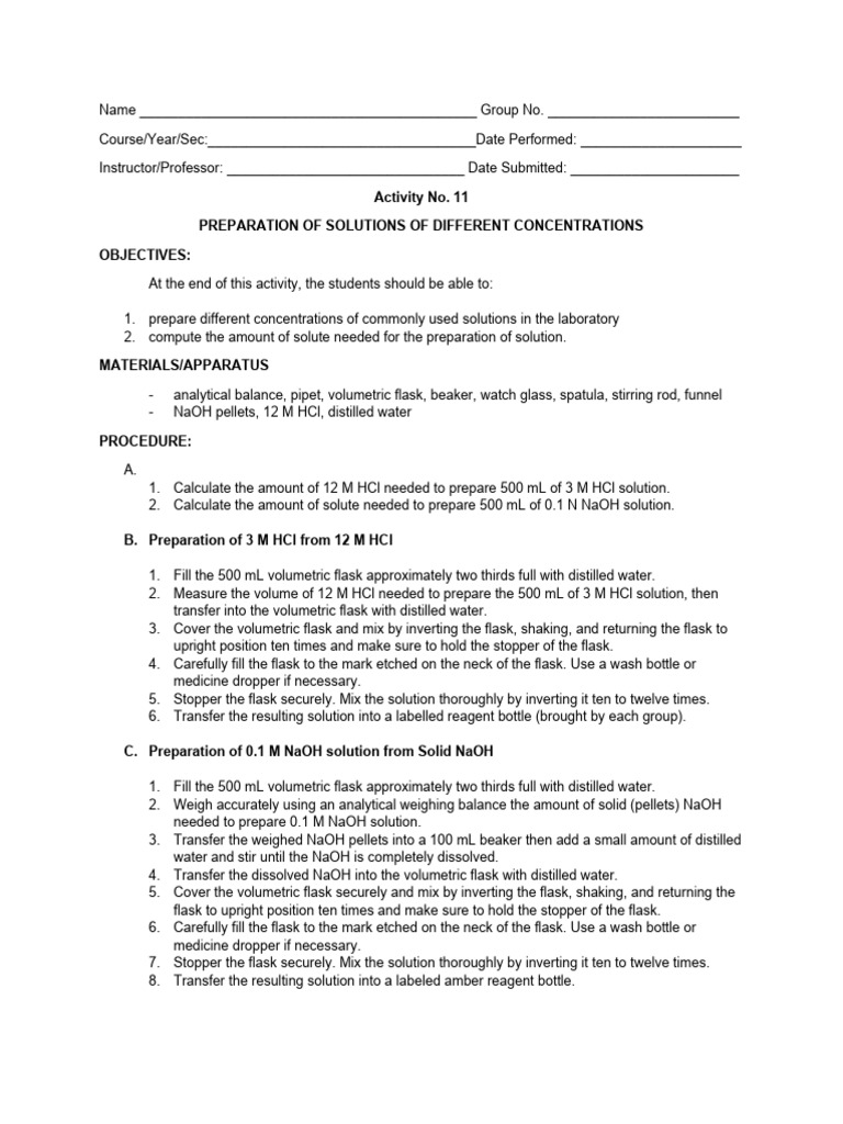Preparation Of Solutions Pdf Volume Sodium Hydroxide