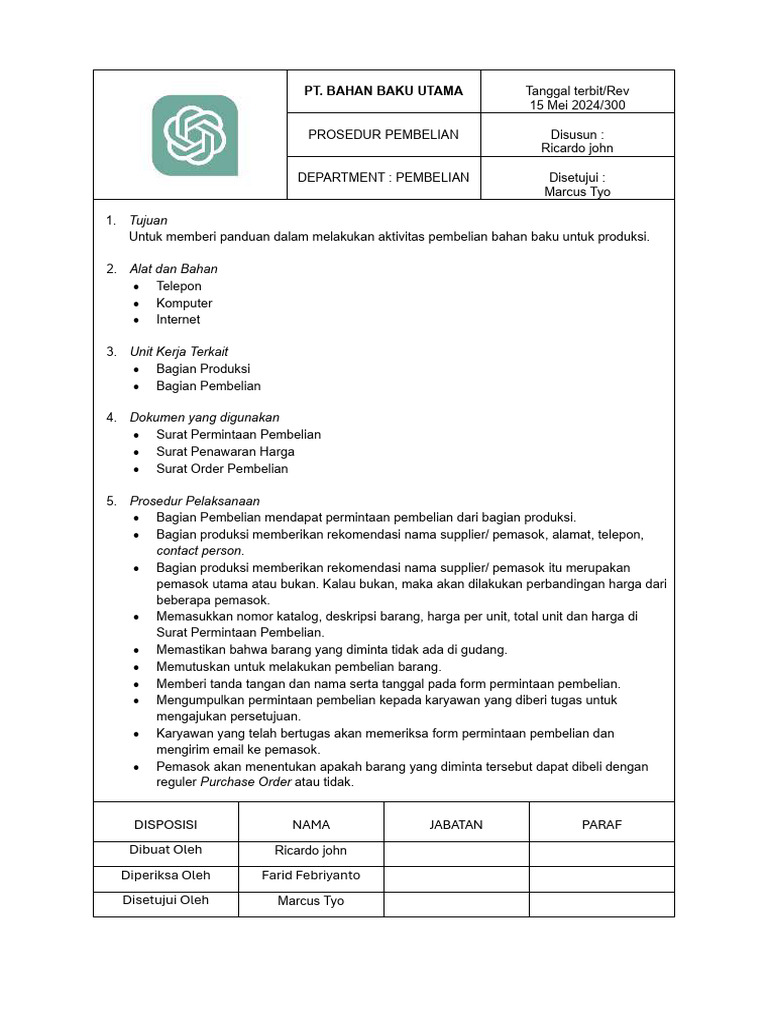 Sop Pt. Bahan Baku Utama | PDF | Bisnis | Teknologi & Rekayasa