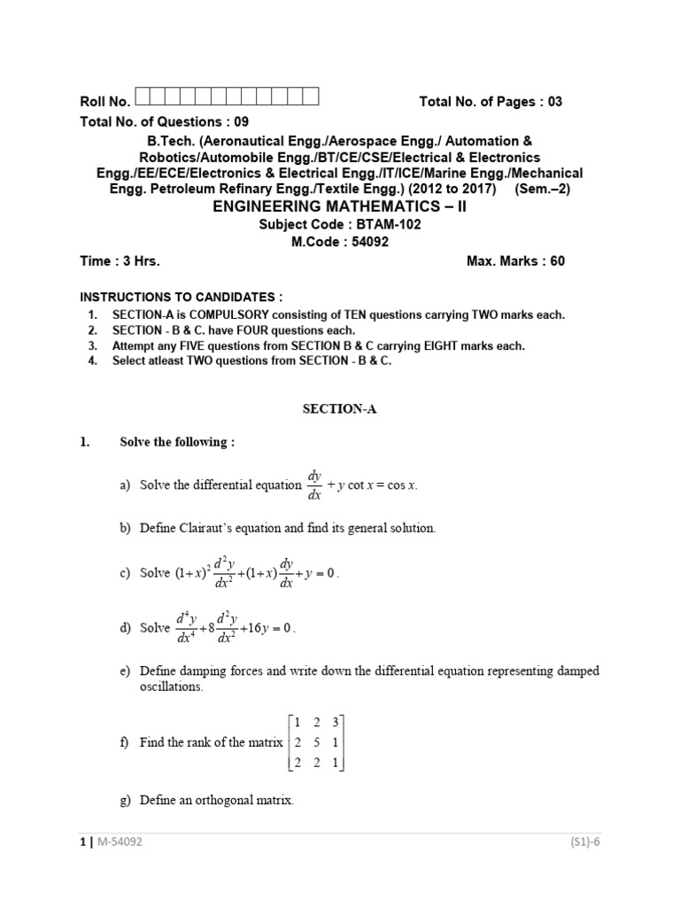 Engineering Mathematics - Ii: Instructions To Candidates | PDF ...