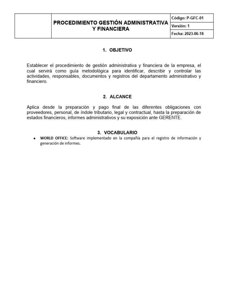 P-GFC-01 Procedimiento Gestión Administrativa y Financiera | PDF | Contabilidad | Presupuesto