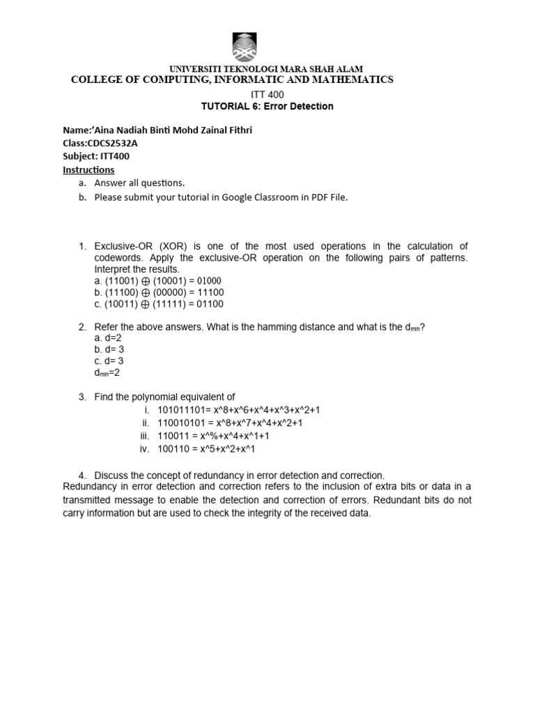 Tutorial 6 Error Detection Pdf Error Detection And Correction