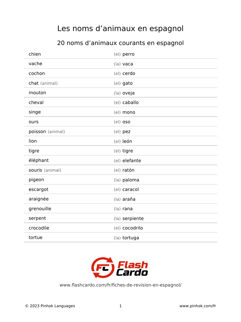 Les Noms D Animaux en Espagnol | PDF | Zoología | Organismos