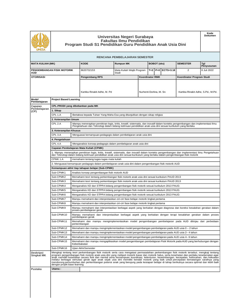 RPS Pengembangan Fisik Motorik Aud | PDF