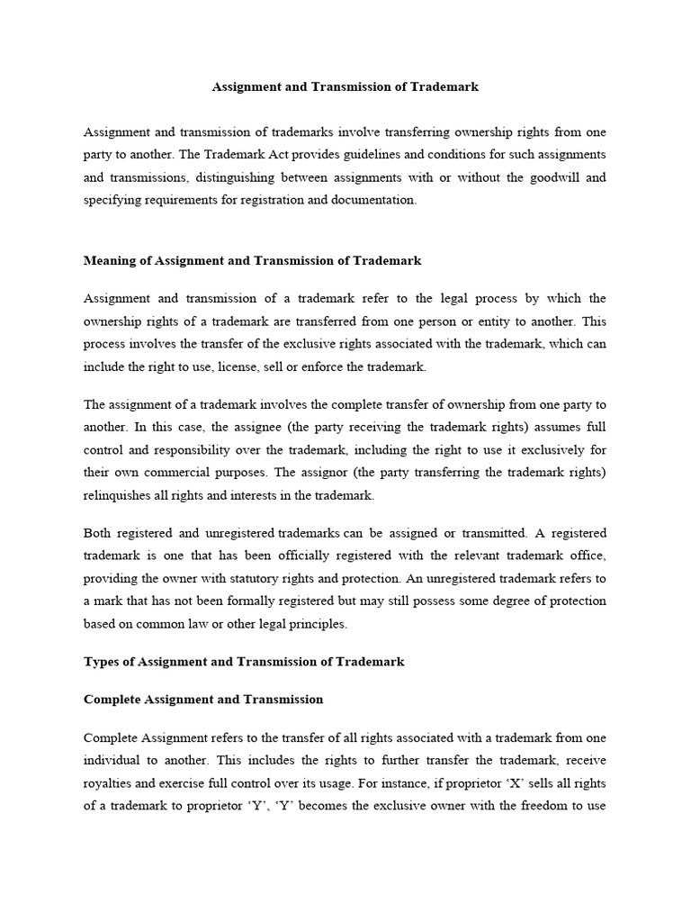 Assignment and Transmission of Trademark | Download Free PDF ...