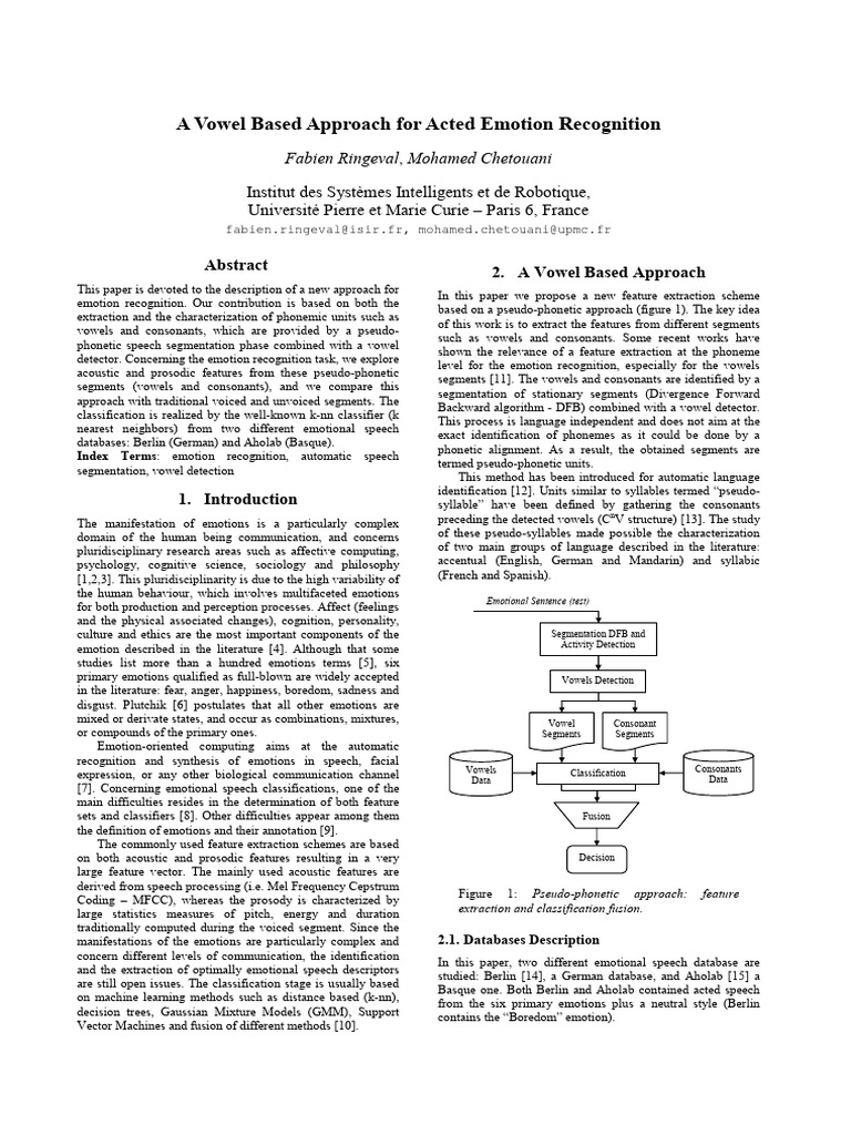 A Vowel Based Approach For Acted Emotion Recognition | PDF | Vowel | Phonetics
