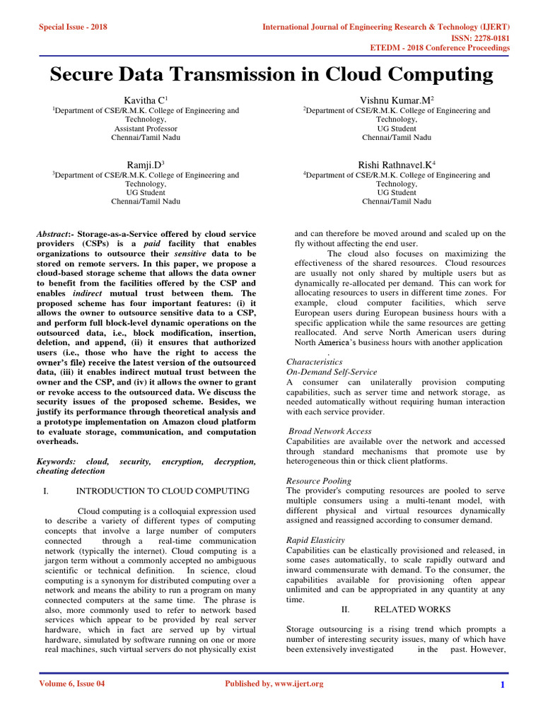 Secure Data Transmission in Cloud Computing IJERTCONV6IS04006 | PDF ...
