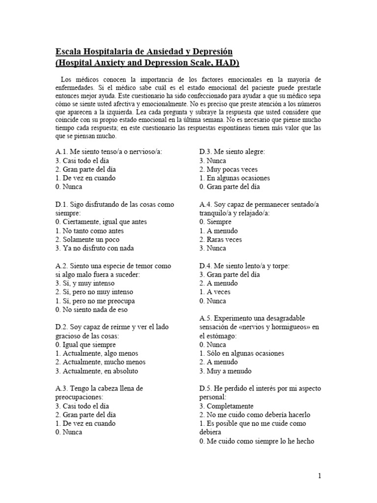 HADS Escala Hospitalaria de Ansiedad y Depresión | PDF | Ansiedad ...