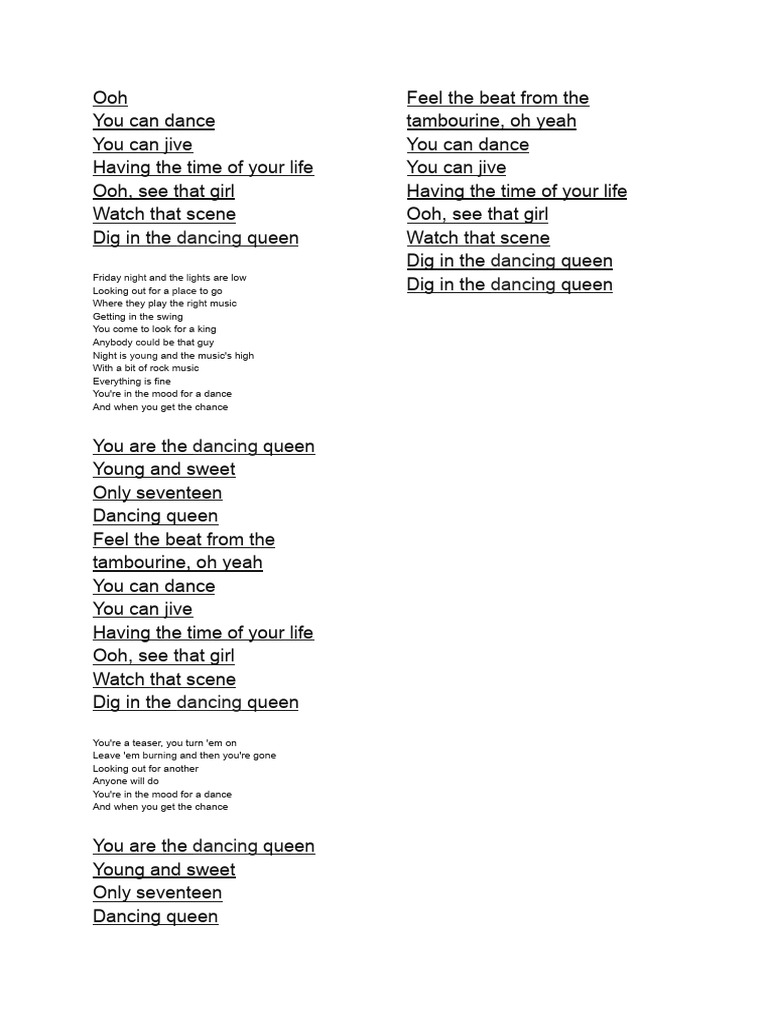 Dancing Queen Lyrics Summary | PDF | Art | Classics