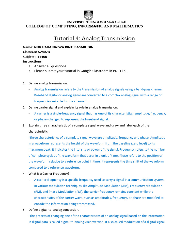 Tutorial 4 Analog Transmission | PDF | Modulation | Frequency Modulation