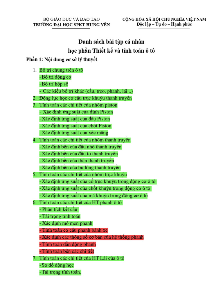 Ngan Hang Cau Hoi Bai Tap TKTT Oto | PDF