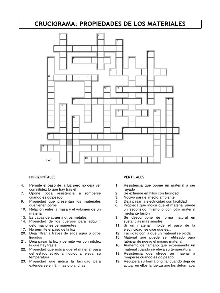 Crucigrama Propiedades de Los Materiales | PDF | Resistencia Eléctrica y Conductancia | Rieles
