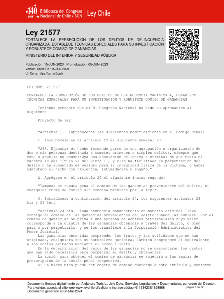 Ley 21577: Delincuencia Organizada | PDF | Fiscal | Crímenes