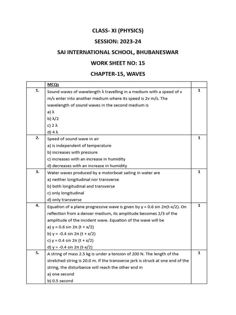 11 WS CH 15 Waves QP 2023-24 | PDF | Waves | Frequency