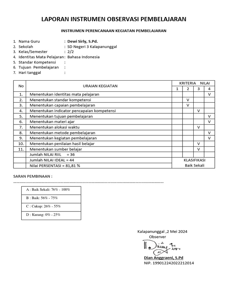 Instrumen Observasi Kelas Bu Dewi | PDF | Karier & Perkembangan