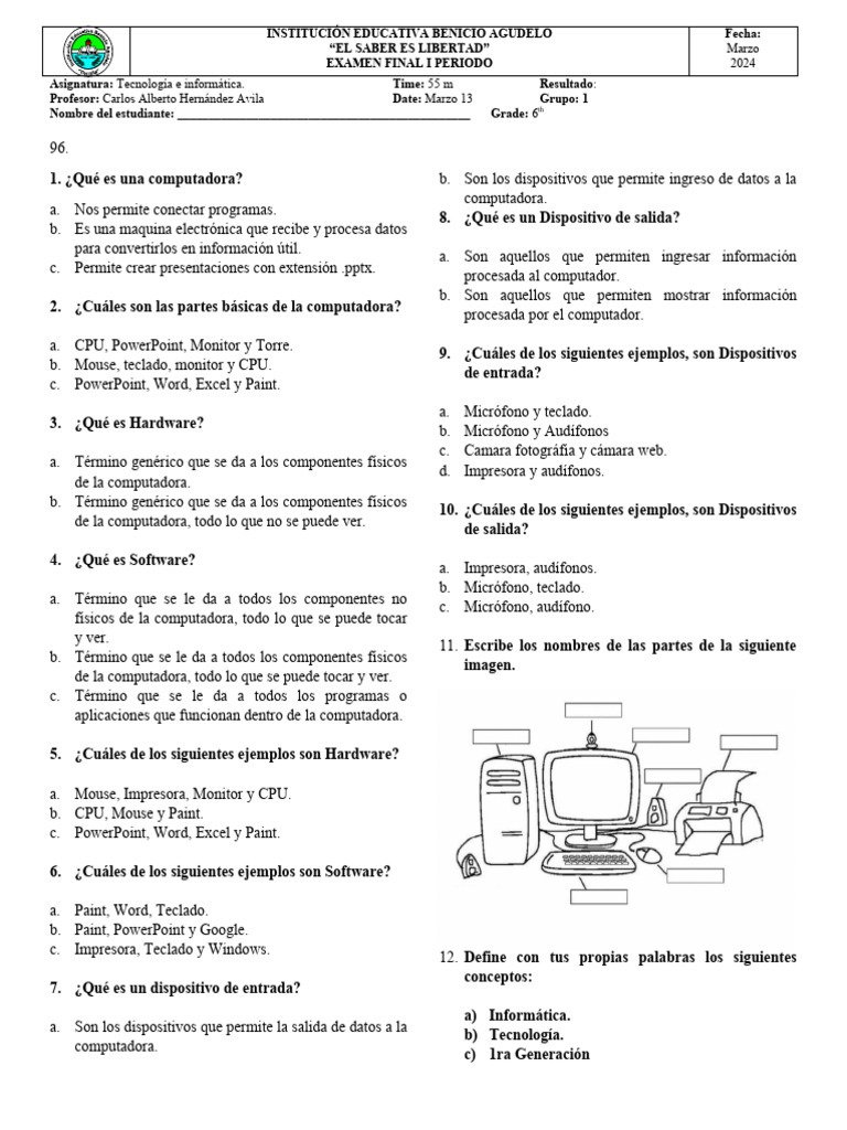 Examen final de Tecnología 6°1 II Periodo | Descargar gratis PDF | Hardware de la computadora ...