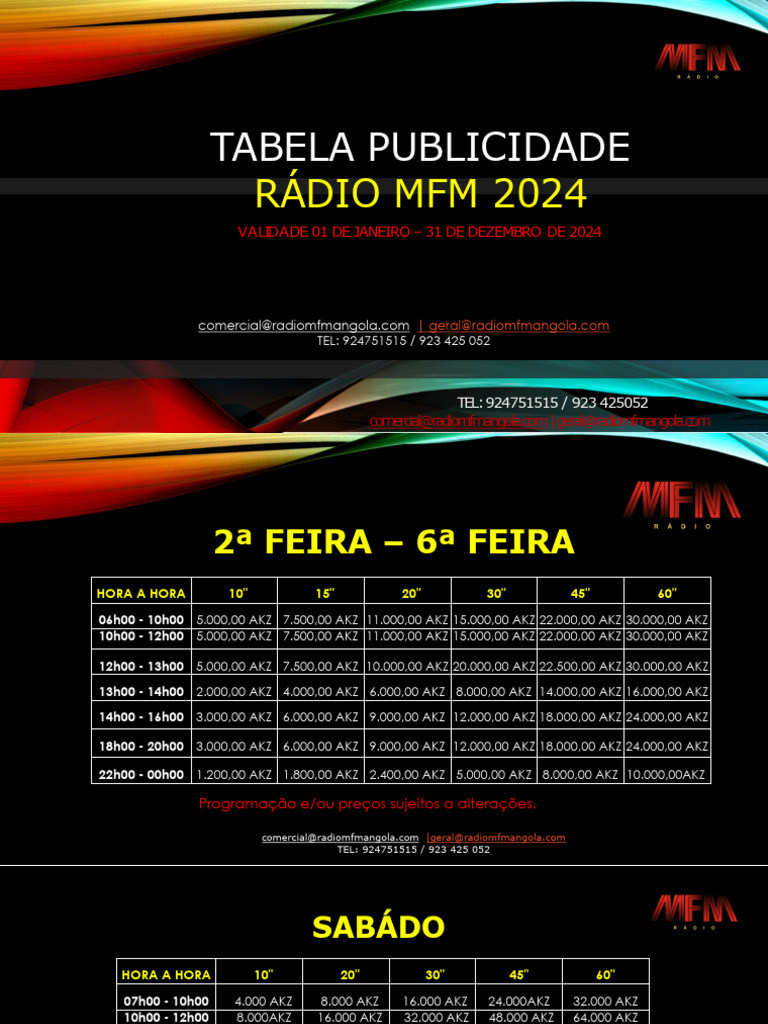 TABELA - RÁDIO - MFM - 2024 Valida | PDF | Casa e Jardim