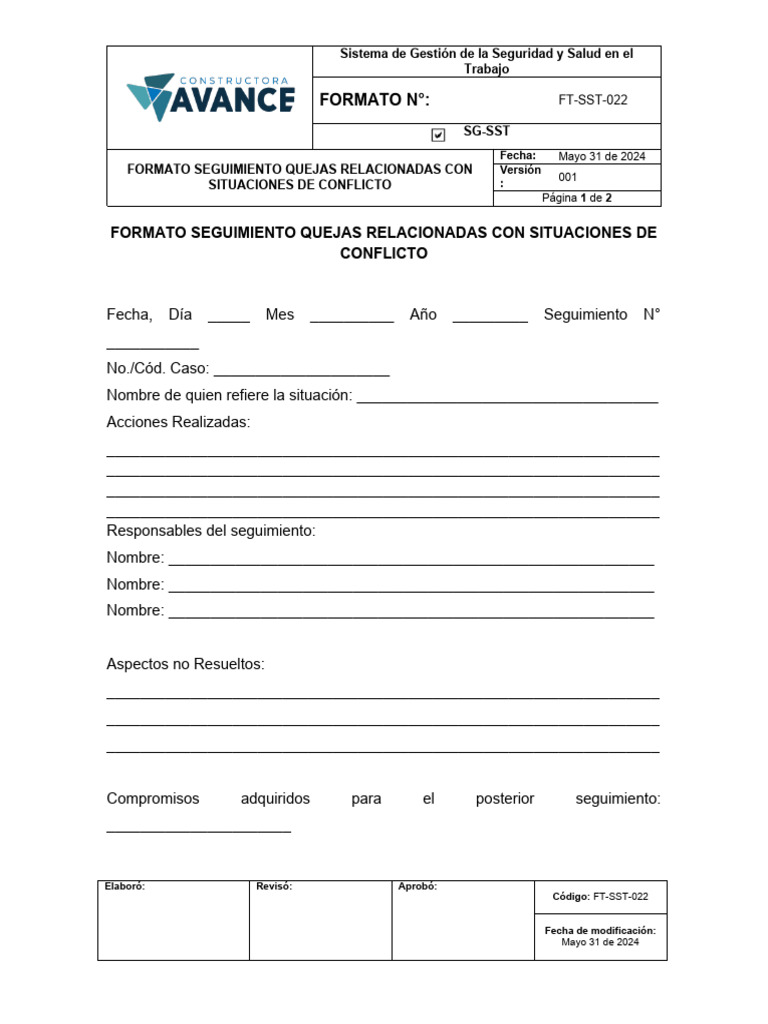 FT SST 022 Formato Seguimiento Quejas Relacionadas Con Situaciones De