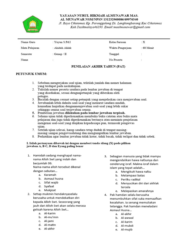 Soal Akidah Akhlak Kls X | PDF