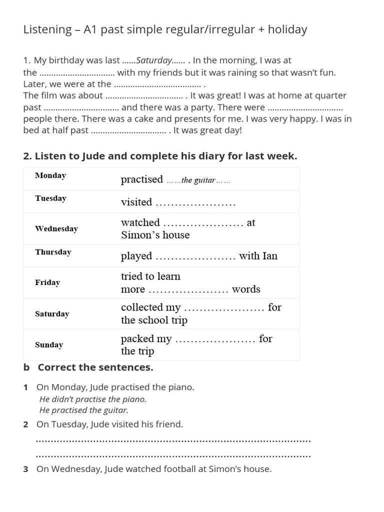 Listening A1 - Holidays - Past Simple | PDF