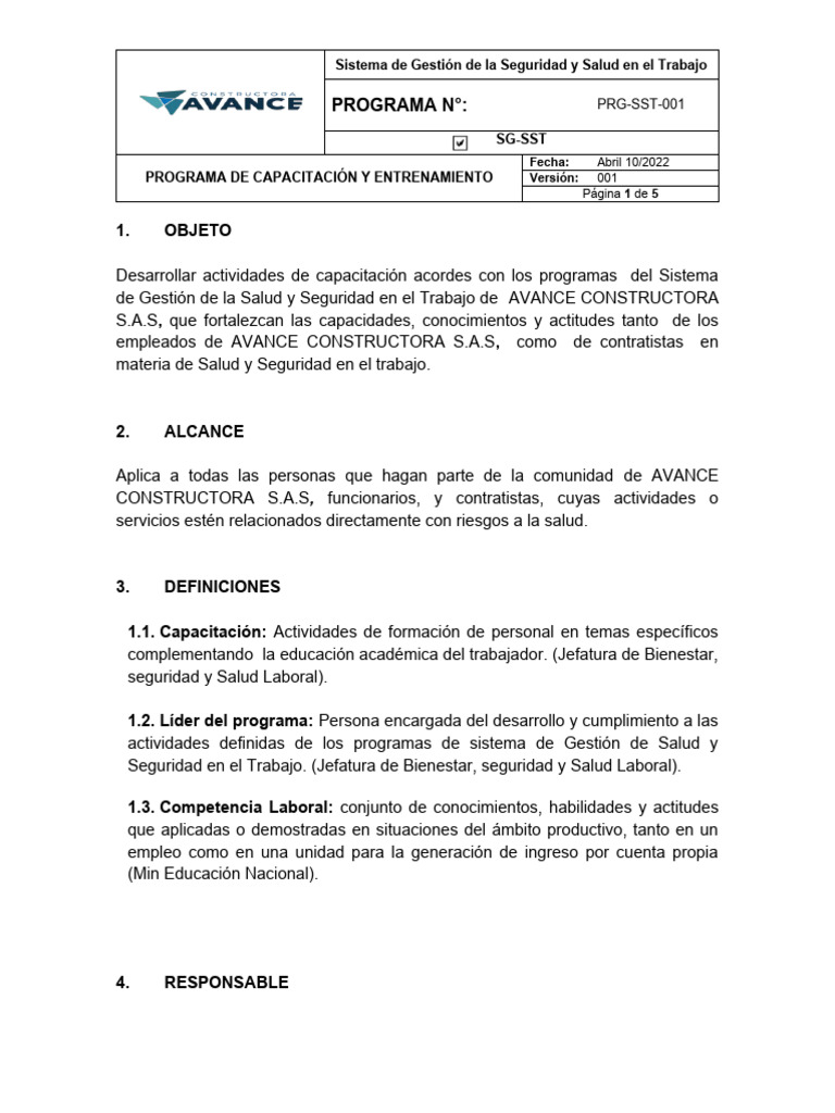 PRG-SST-001 - Progarama de Capacitacion y Entrenamiento | PDF