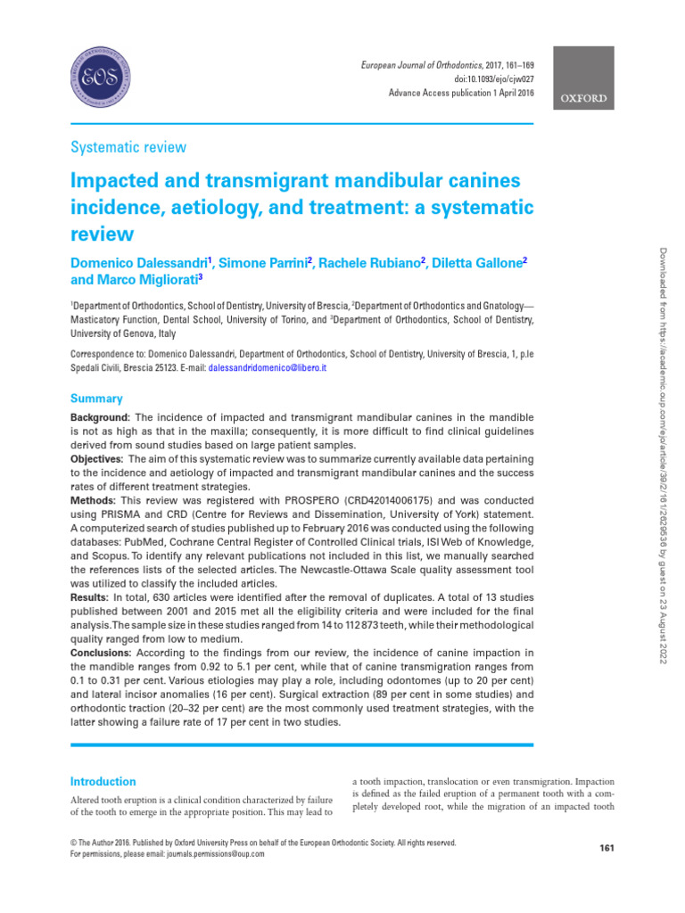 Impacted and Transmigrant Mandibular Canines | PDF | Systematic Review ...