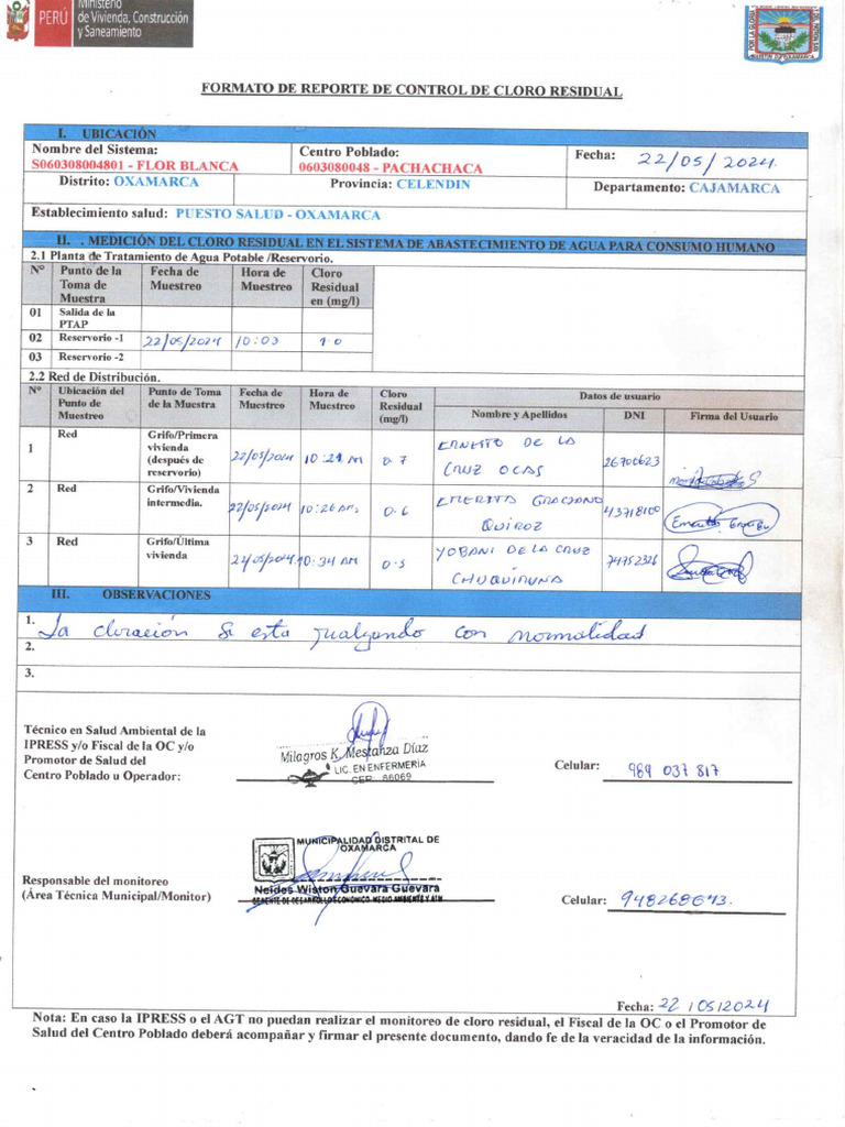 Reporte de Control de Cloro Residual - PACHACHA MAYO 2024 | PDF