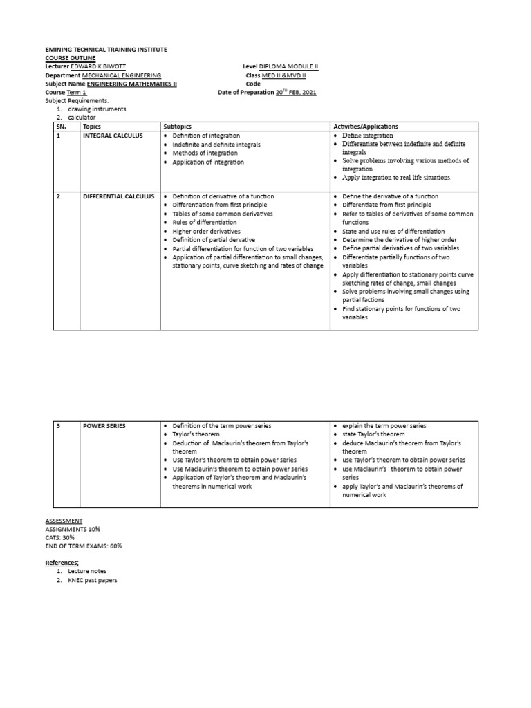 Math II Course Outline | PDF | Derivative | Integral