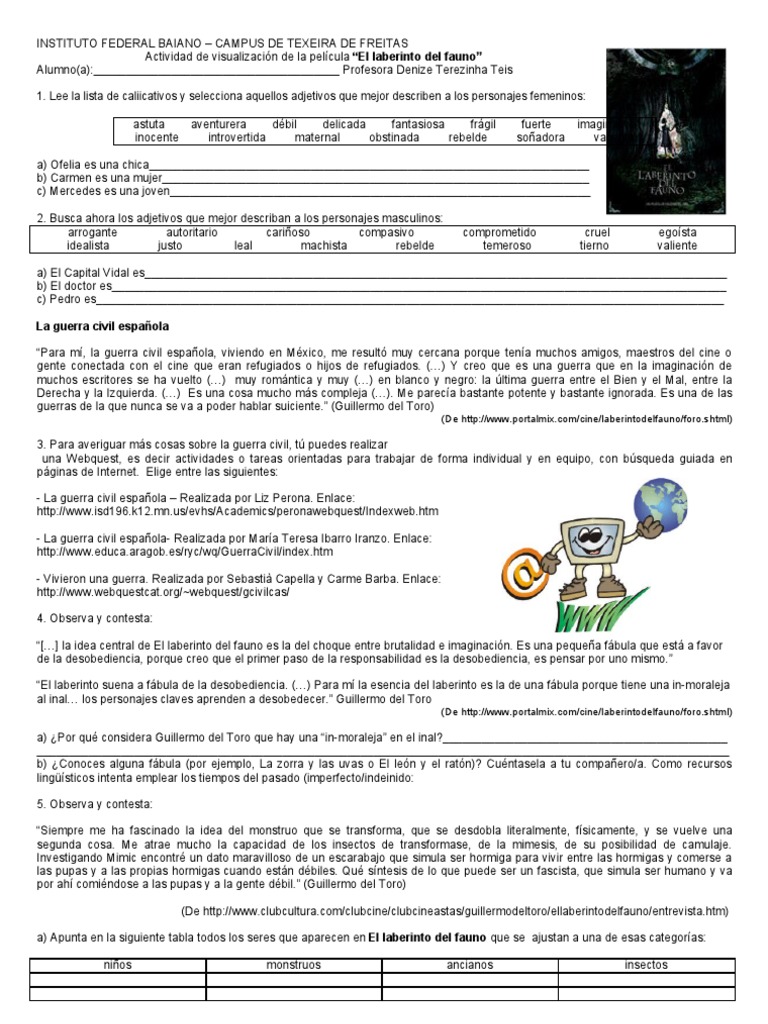 El Laberinto Del Fauno-Actividad - Cópia | PDF | Libros para adolescentes
