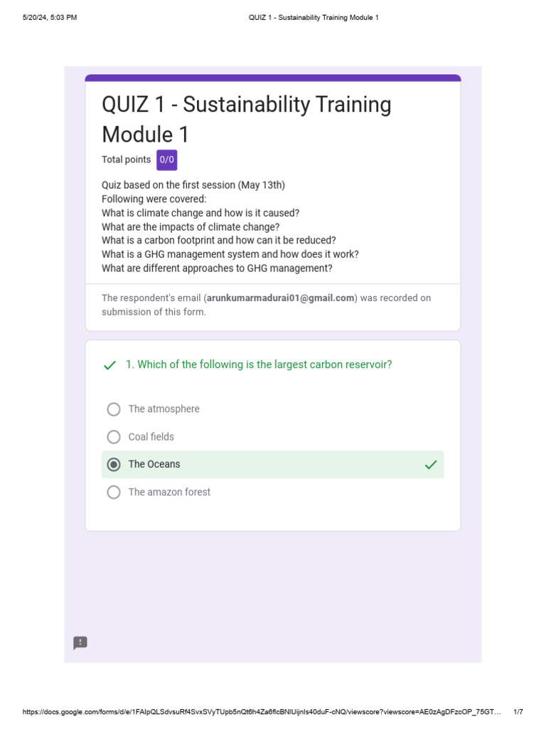 QUIZ 1 - Sustainability Training Module 1 | PDF | Climate Change ...