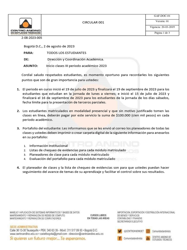 CIRCULAR 005 Inicio III Periodo Académico 2023 | PDF