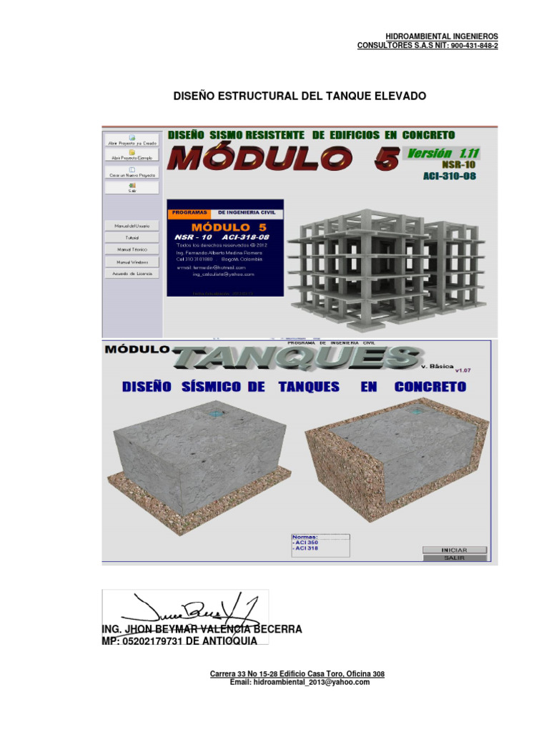 Diseño Estructural Del Tanque Elevado: Hidroambiental Ingenieros CONSULTORES S.A.S NIT: 900-431 ...