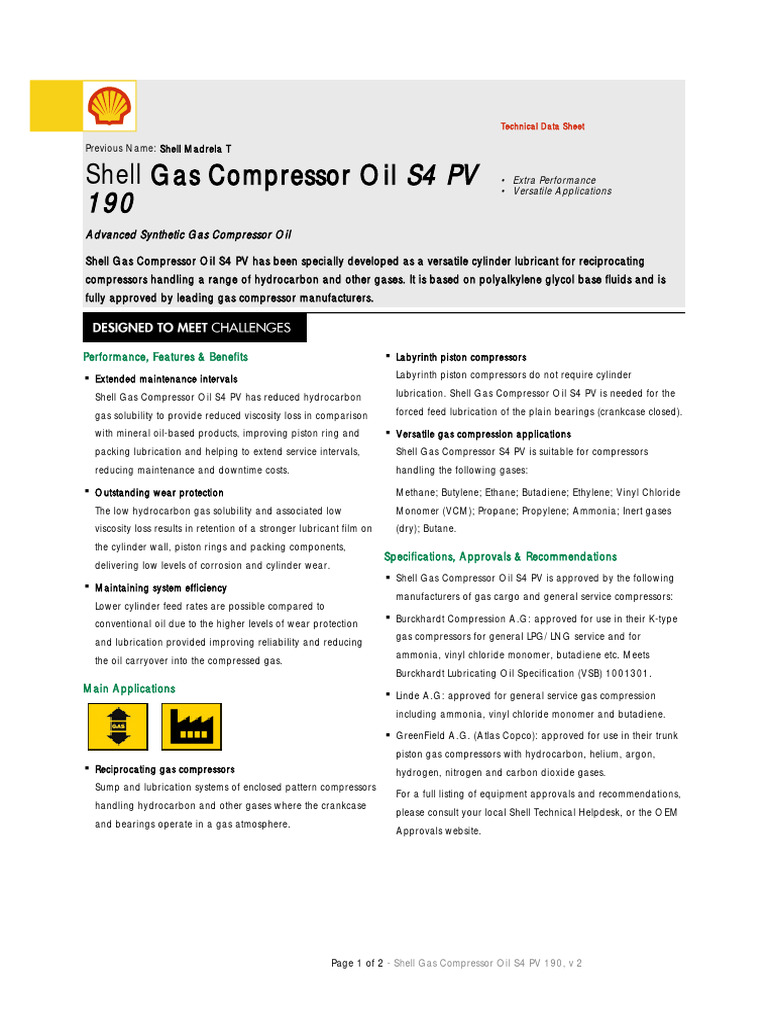 Shell Gas Compressor Oil S4 PV 190 (En) TDS v2 | PDF | Piston | Gases
